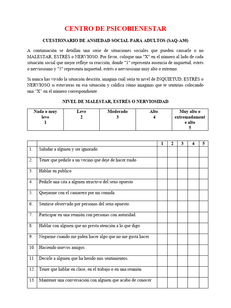 Cuestionario de Ansiedad Social para Adultos (Saq-A30) | PDF | Ansiedad ...