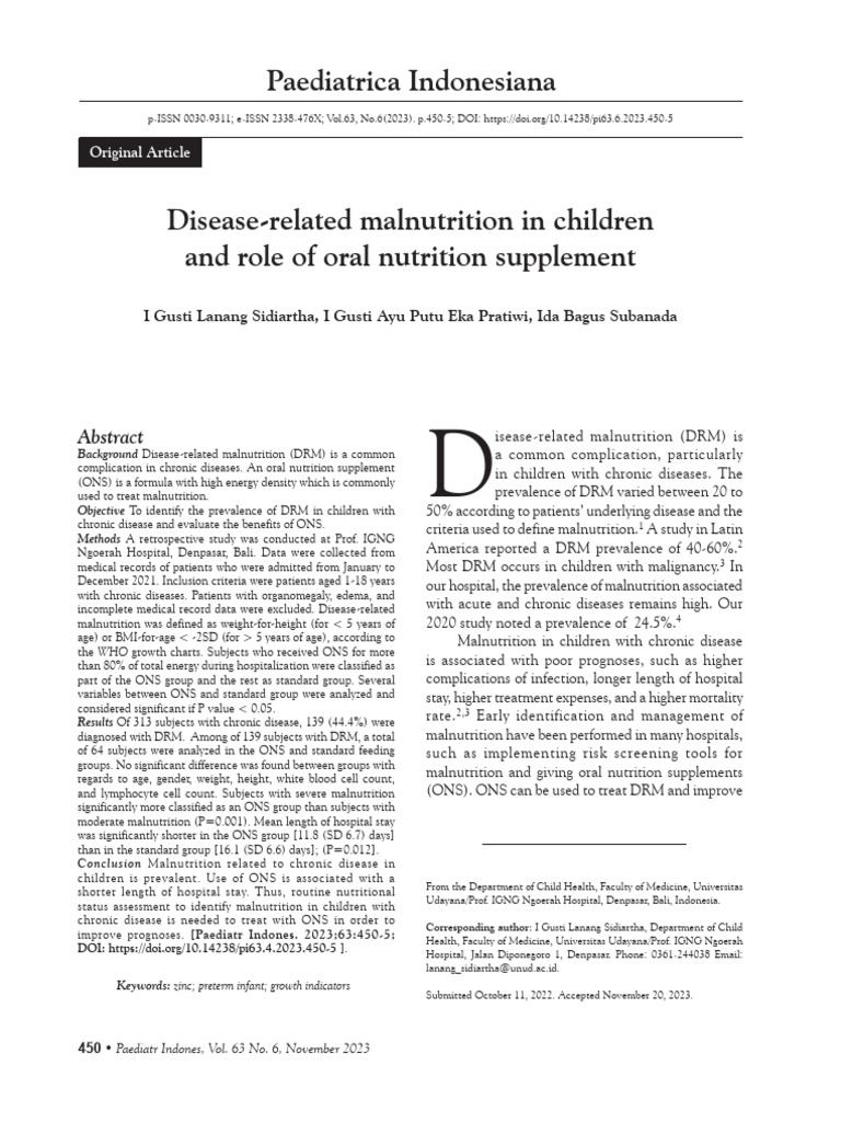 2023 - Disease-Related Malnutrition in Children and Role of Oral ...