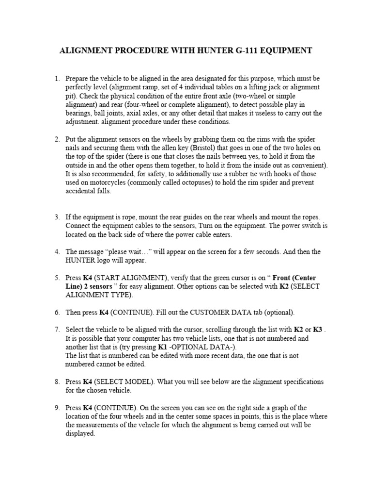 Alignment Procedure With Hunter G Equipment | PDF | Computer Keyboard ...