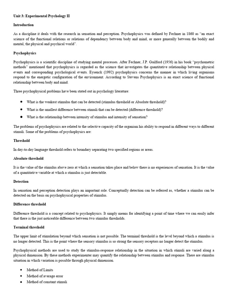 Unit 3 Experimental Psychology - II | PDF | Psychophysics | Stimulus ...