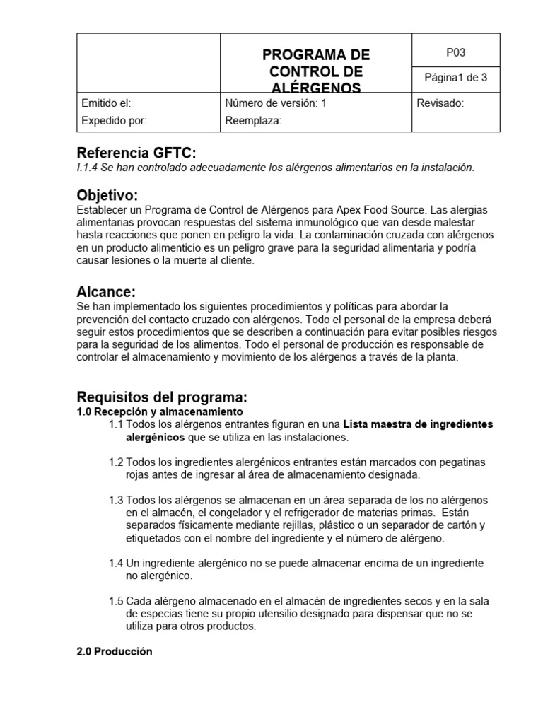 Programa de Control de Alérgenos P3 | PDF | Alergia a la comida | Seguridad alimenticia