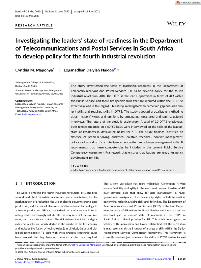 Journal of Public Affairs - 2022 - Maponya - Investigating The Leaders ...