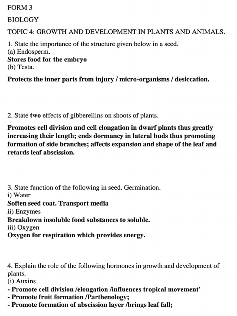 4507 Growth and Development in Plants and Animals Questions and | PDF