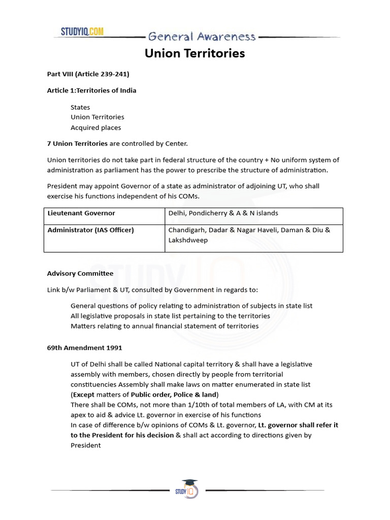 Lecture 39 Union Territories-4 | PDF
