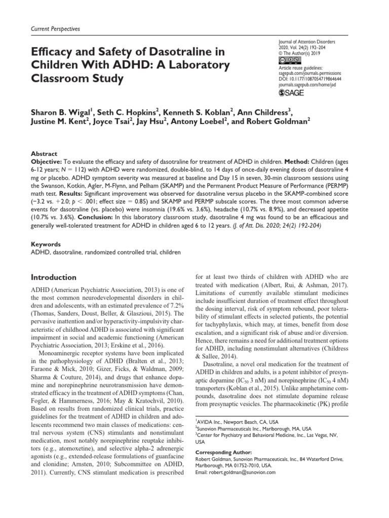 2020 Efficacy and Safety of Dasotraline in Children With ADHD A Laboratory Classroom Study ...