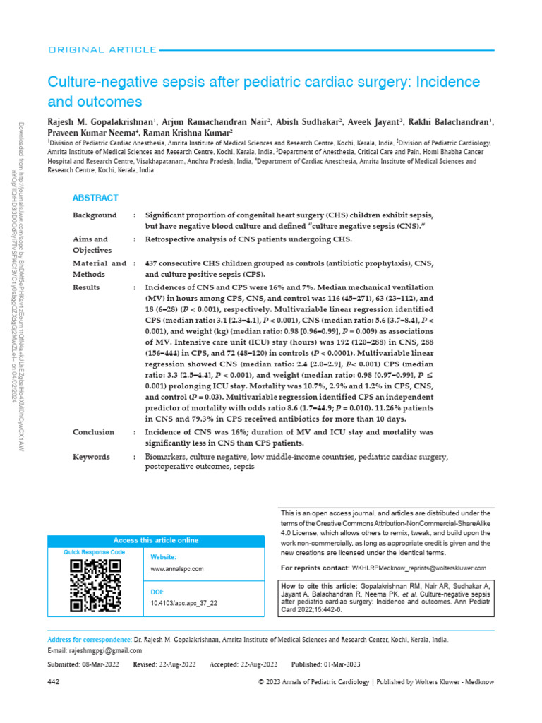 2022 - Culture Negative Sepsis After Pediatric Cardiac Surgery | PDF ...