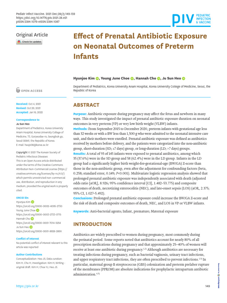 2021 - Effect of Prenatal Antibiotic Exposure On Neonatal Outcomes of Preterm Infants 2 | PDF ...