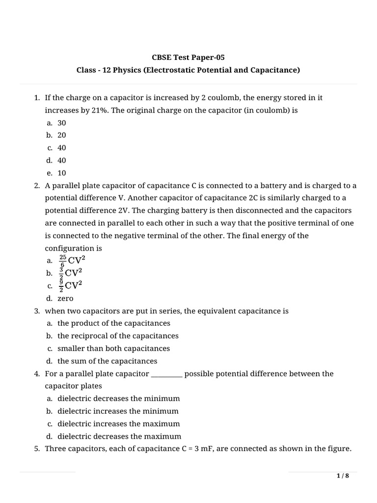 Electrostatic Potential And Capacitance Pdf Capacitance Capacitor 2403