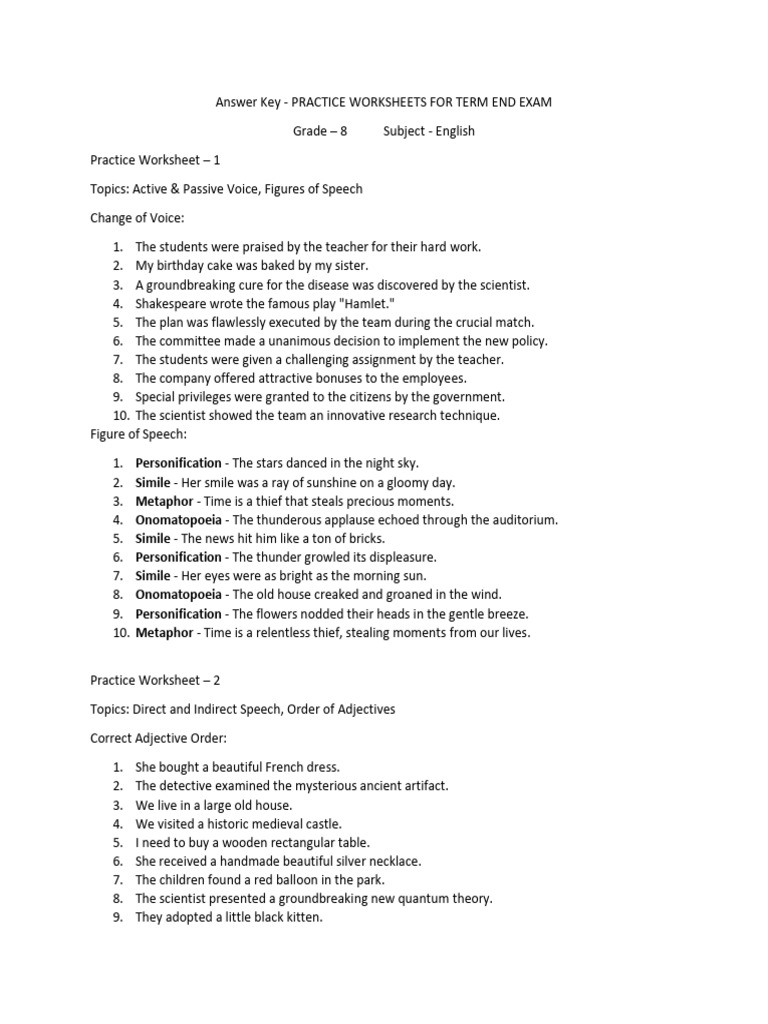 G8 - Answer Key - PRACTICE WORKSHEETS FOR TERM END EXAM | PDF | Language Arts & Discipline ...