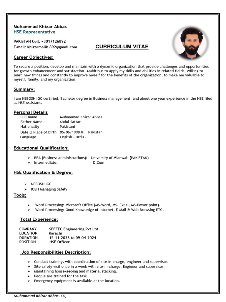 Muhammad Khizar Abbas - CV-HSE | PDF | Pakistan
