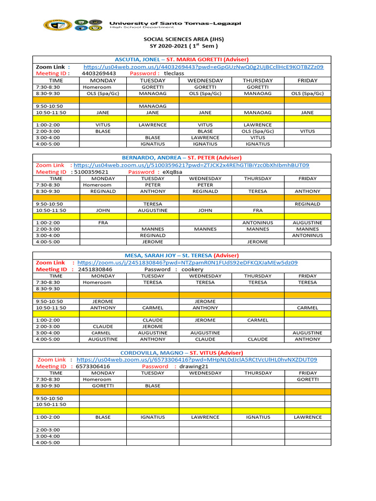 Class Schedule Soc Sci Teacher 2021 2022 With Zoom Link | PDF