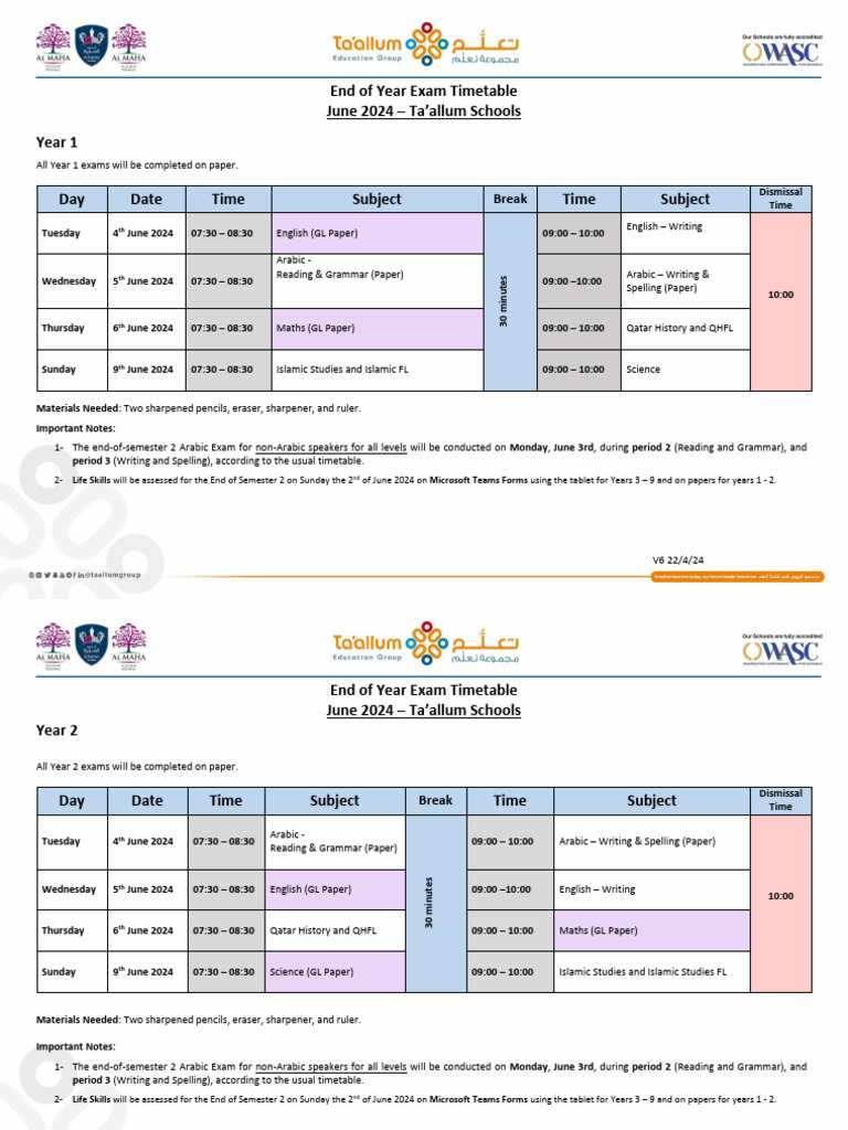 Ta'Allum End of Year Exam Timetable - June 2024 - V6 | PDF | Academic ...