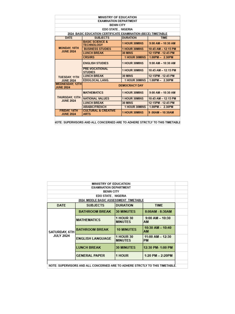 2024 Bece and Mba Time Table (Excel) | PDF