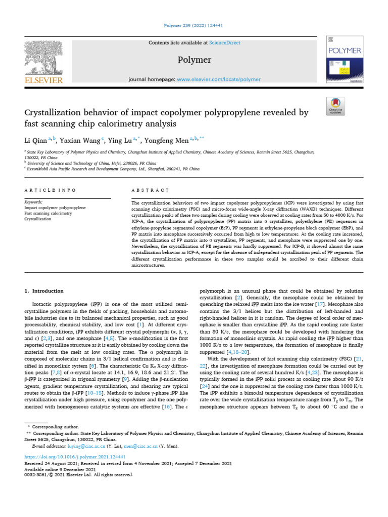 Crystallization Behavior of Impact Copolymer Polypropylene Revealed by ...