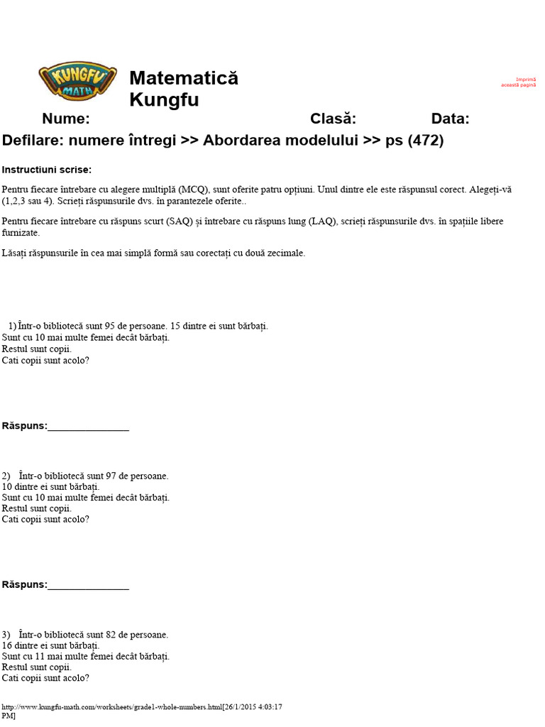 Singapore Fișe de Lucru Matematică Clasa 1 Numere Întregi | PDF