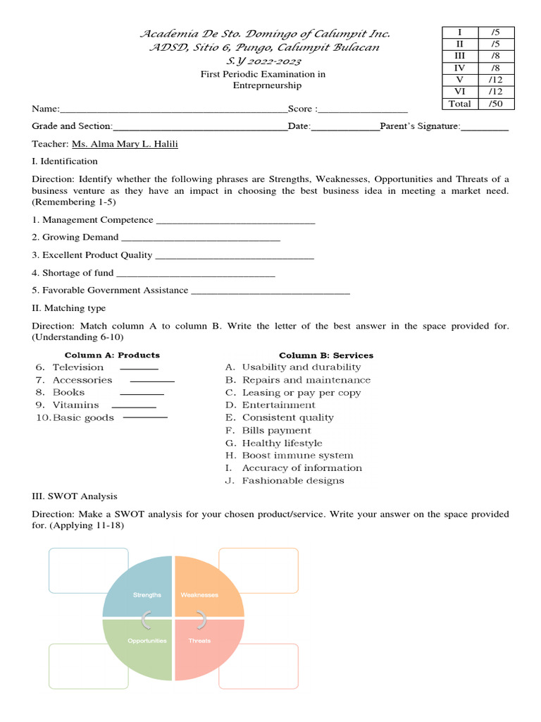 FIRST Periodic EXAMINATION IN ENTREP | PDF | Swot Analysis | Human ...