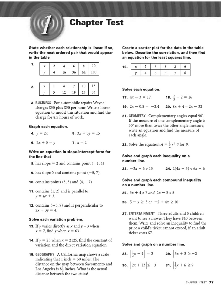 Algebra2-Chap-01 Linear Equations Problems | PDF