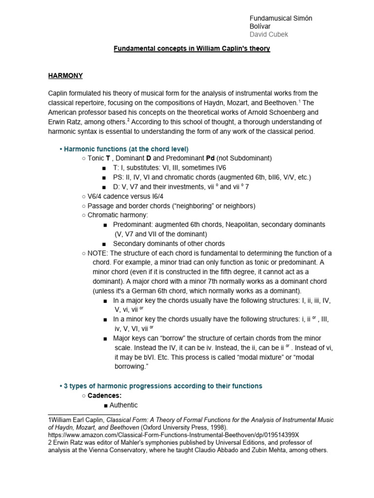 Fundamental Concepts in William Caplin's Theory PDF | PDF | Chord ...