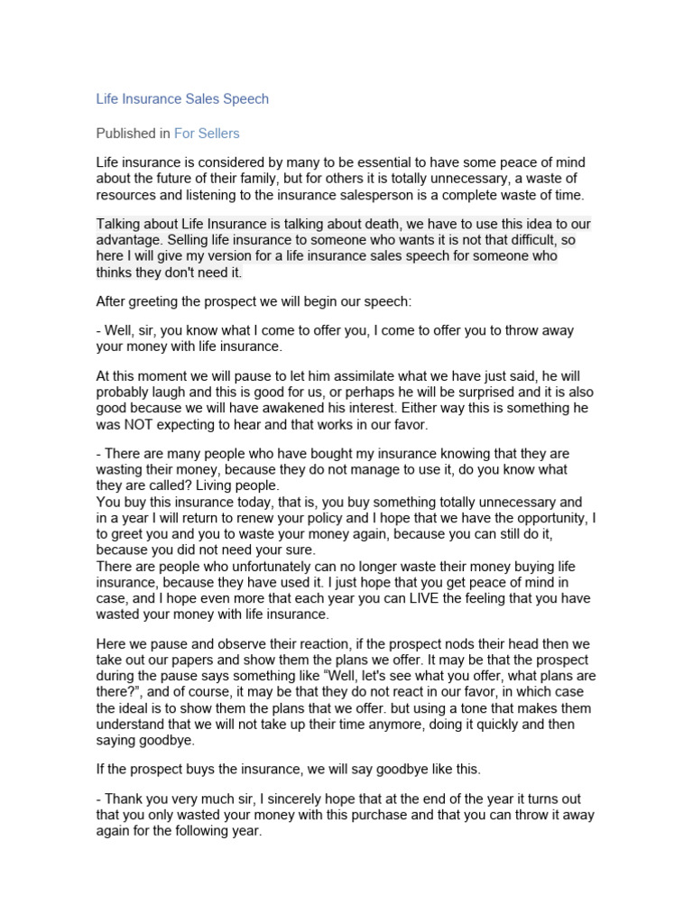 Effective Life Insurance Sales Speech | PDF | Sales | Insurance