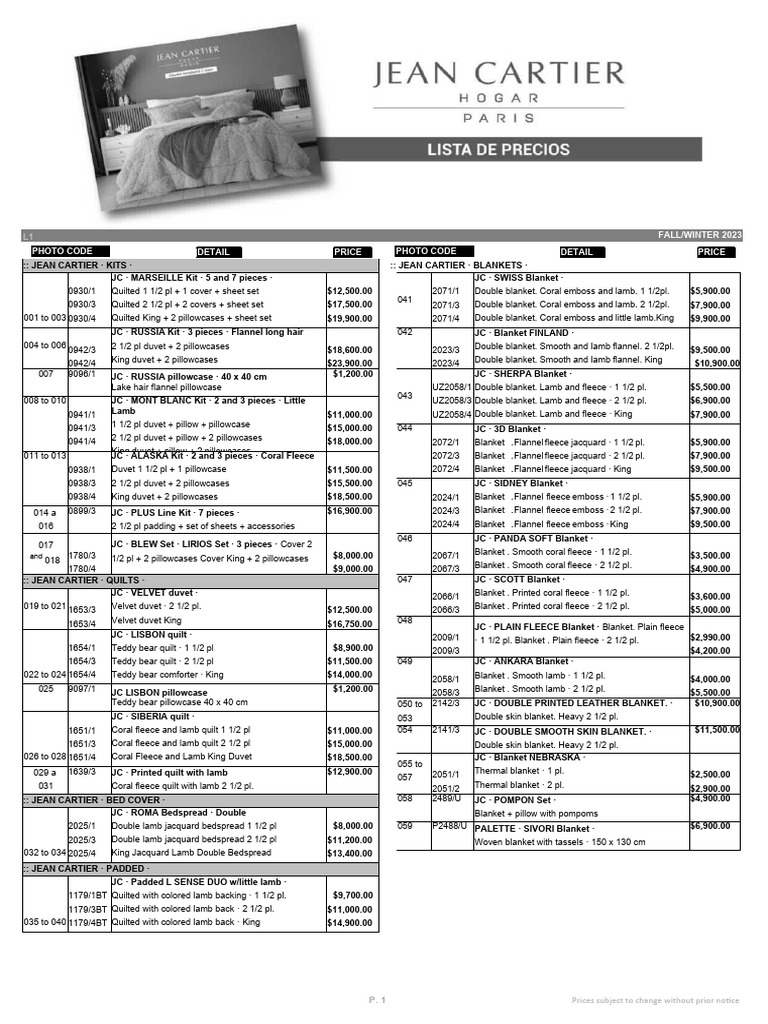 JC Winter 2023 Price List | PDF | Bedding | Furniture