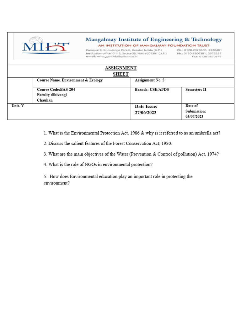 Assignment 5 Environment & Ecology | PDF