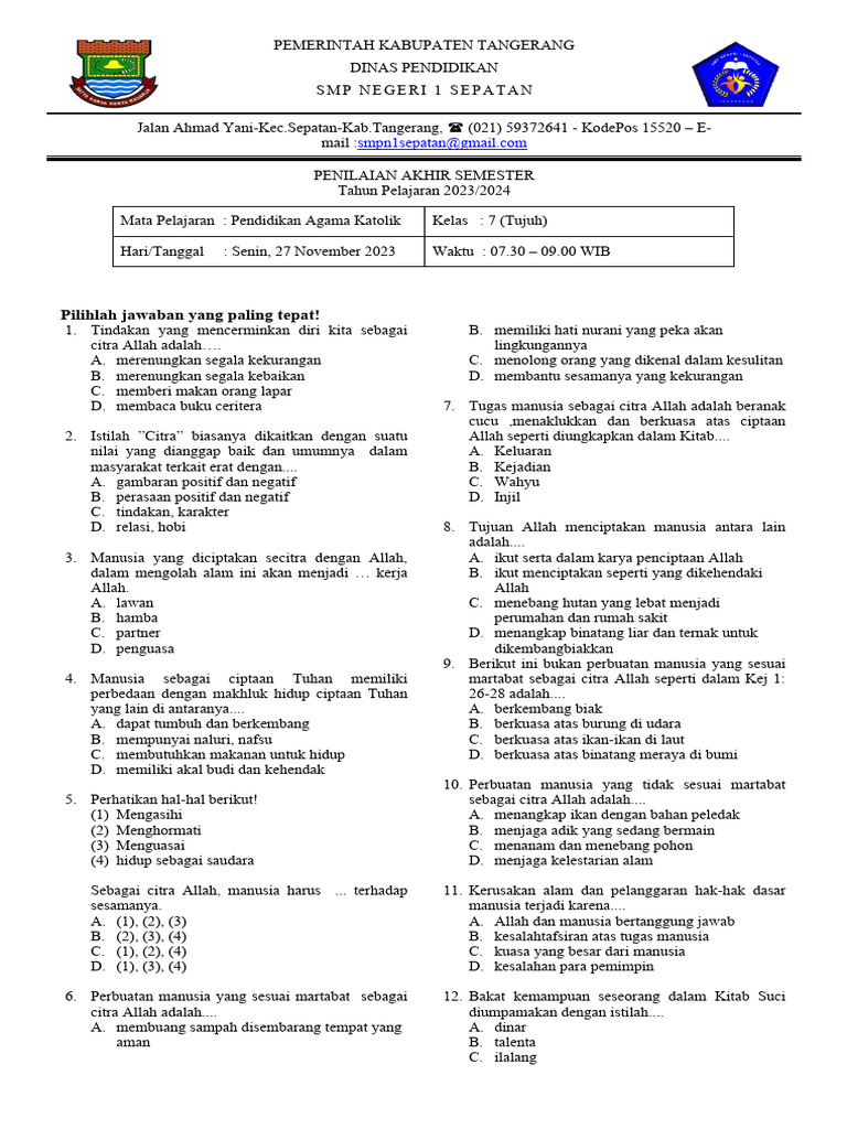 Soal Pas Agama Katolik Kelas 7 | PDF