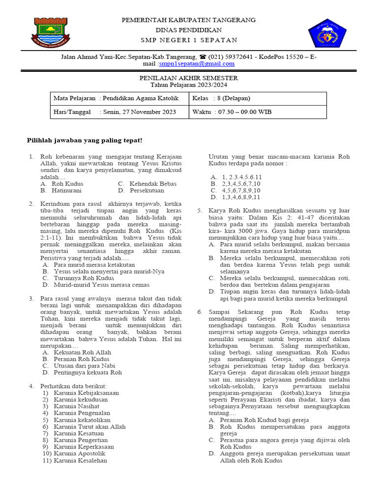 Soal Pas Agama Katolik Kelas 8 | PDF | Filsafat | Sains & Matematika