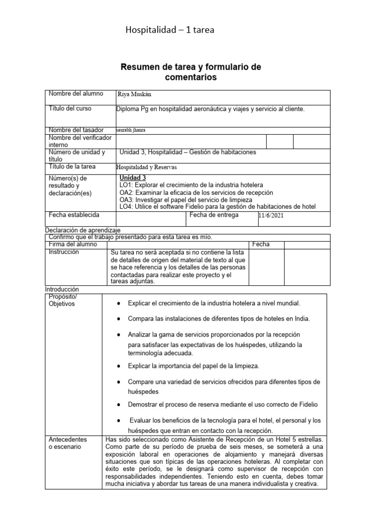 Resumen de Tarea y Formulario de Comentarios | PDF | Hotel