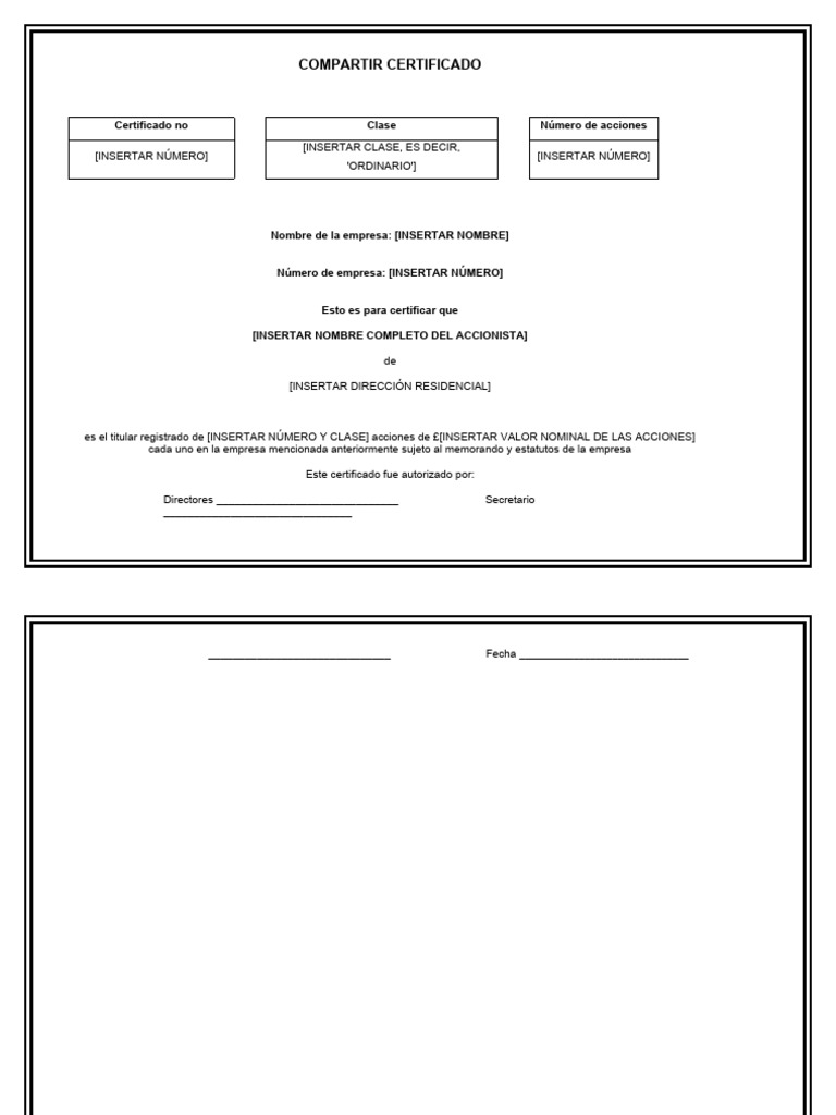 Descarga de Plantilla de Certificado de Acciones Editable | PDF