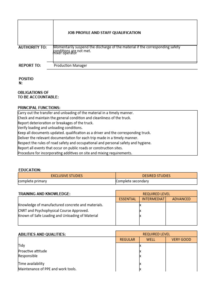 Mixer Operator Position Profile | PDF | Safety | Truck