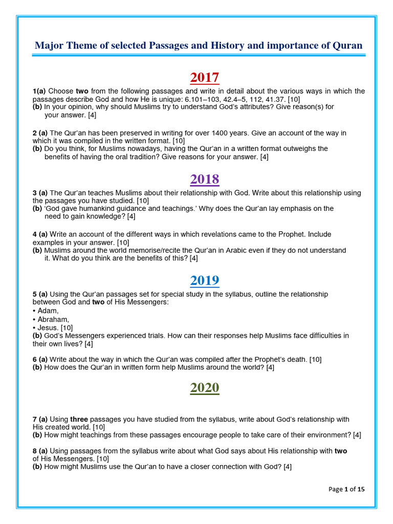 Chapter Wise Part A and B - Past Paper Questions | PDF | Hadith | Muhammad