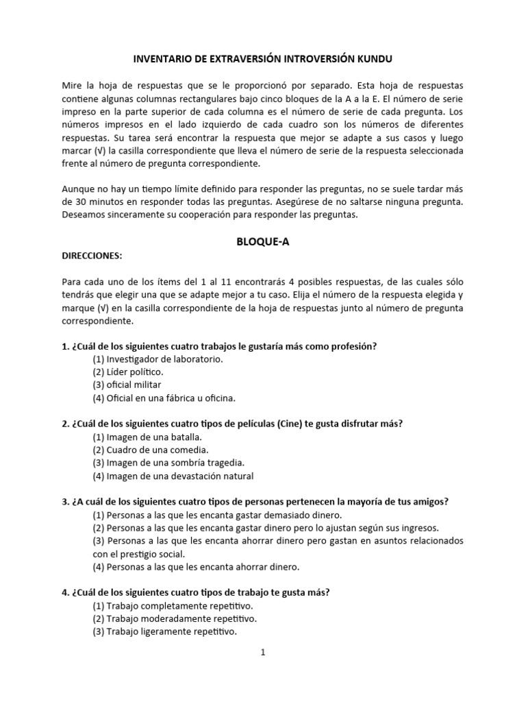 Inventario de Extraversión de Introversión de Kundu | PDF | Relaciones personales, crianza y ...