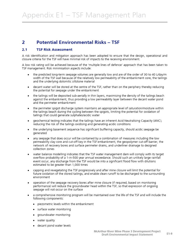 Appendix E1 Tailings Storage Facility TSF Management Plan - 11 | PDF | Water | Groundwater