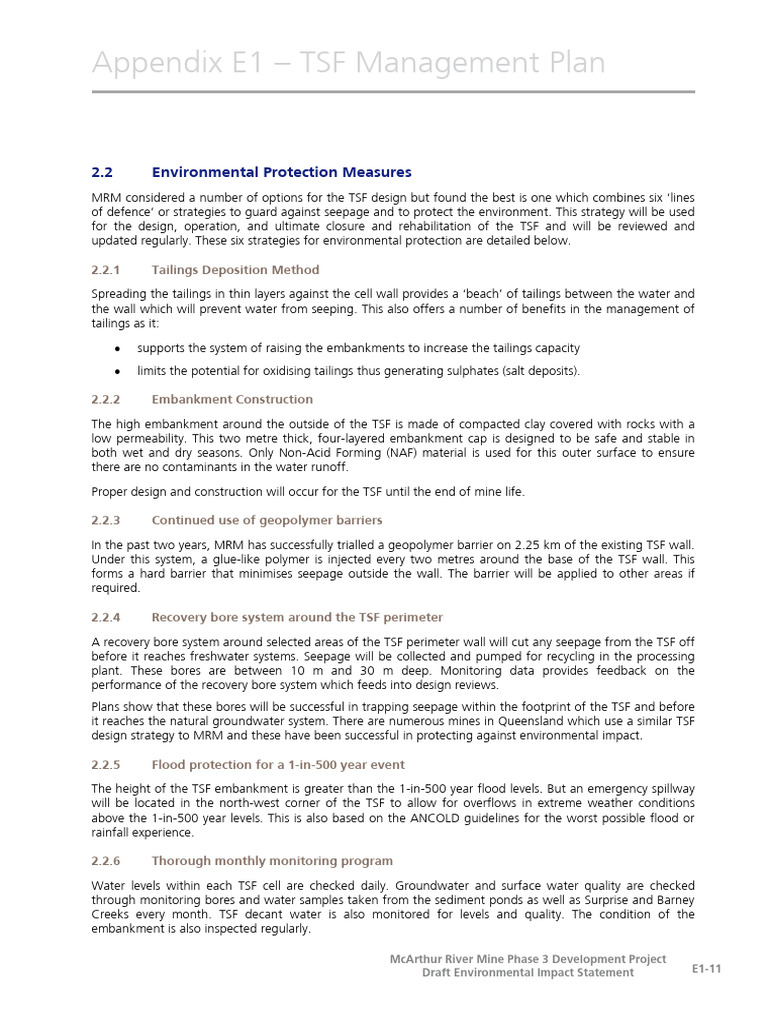 Appendix E1 Tailings Storage Facility TSF Management Plan - 13 | PDF | Water | Flood