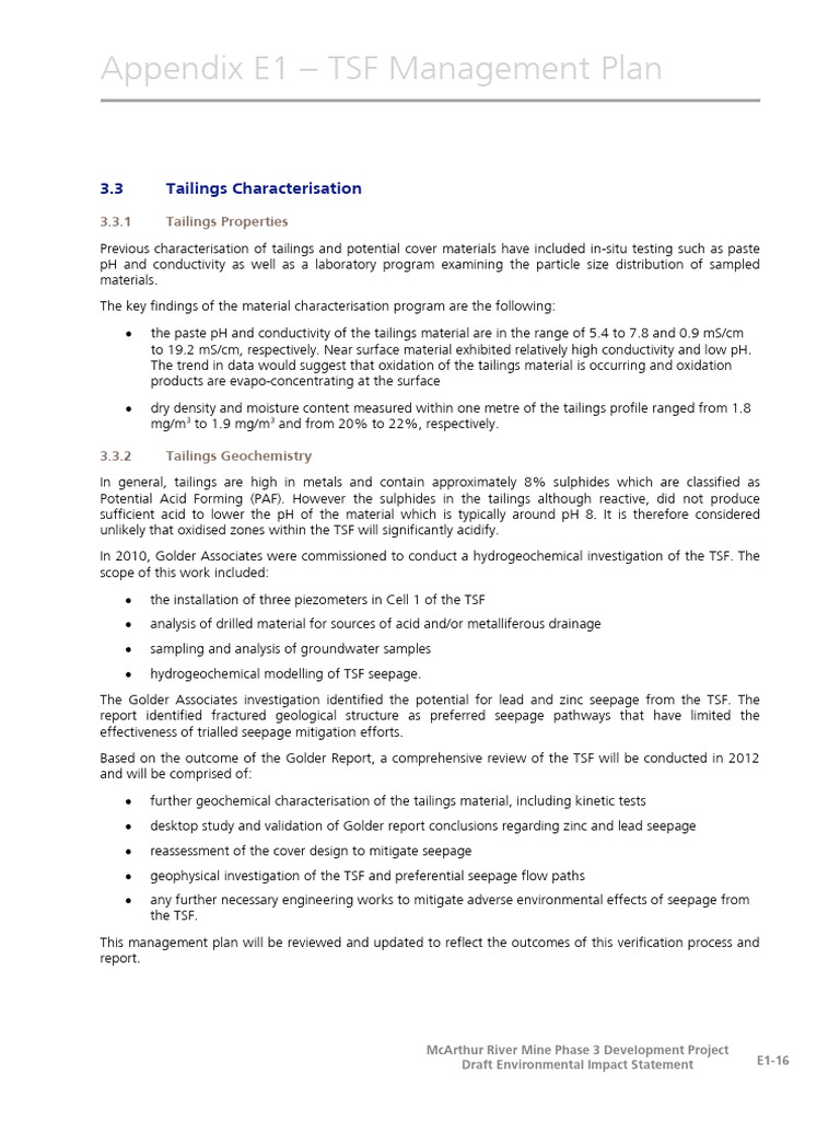 Appendix E1 Tailings Storage Facility TSF Management Plan 18 | PDF | Soil Mechanics | Electrical ...