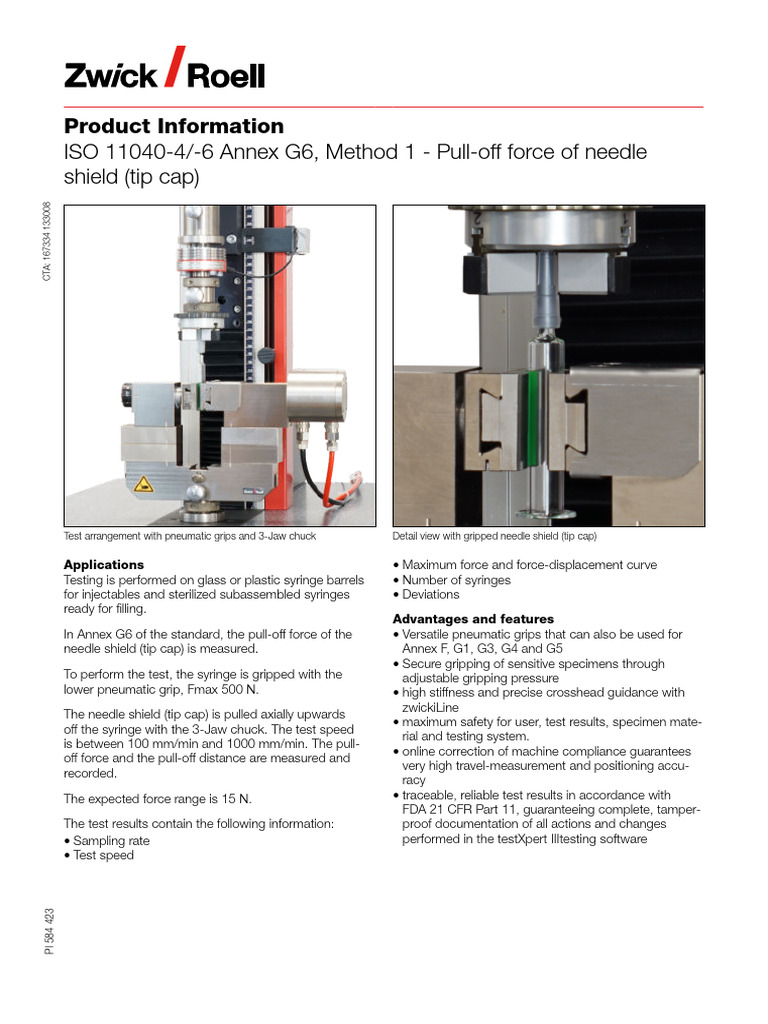 10 584 ISO 11040 4 Annex G6 Method 1 Pull Off Force of Tip Cap Needle EN | PDF | Syringe