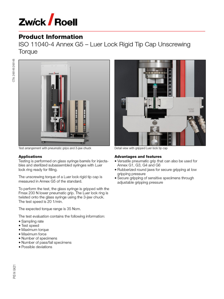 09 514 ISO 11040 4 Annex G5 Luer Lock Rigid Tip Cap Unscrewing PI EN | PDF | Syringe