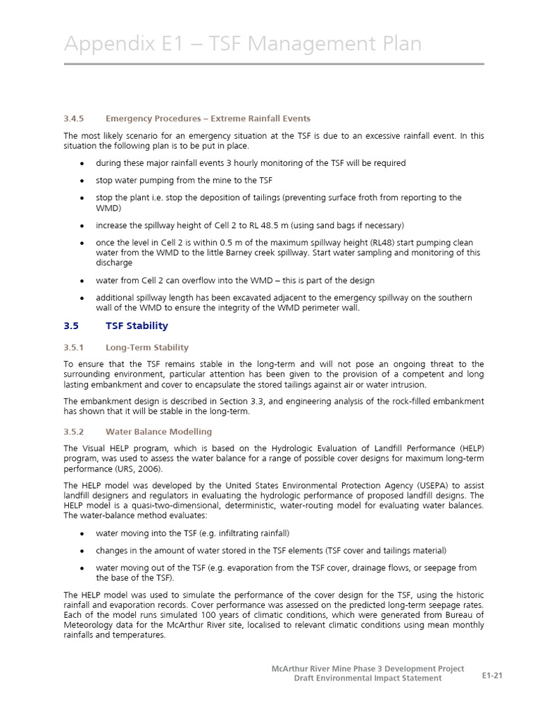 Appendix E1 Tailings Storage Facility TSF Management Plan - 23 | PDF | Spillway | Water