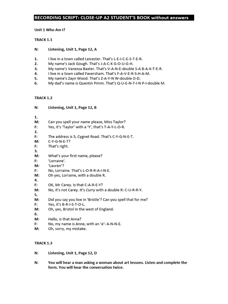 Close-Up A2 Audio Recording Script | PDF | Rain | Weather