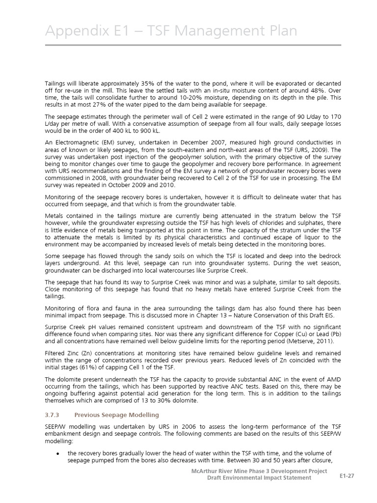 Appendix E1 Tailings Storage Facility TSF Management Plan - 29 | PDF | Groundwater | Soil Mechanics