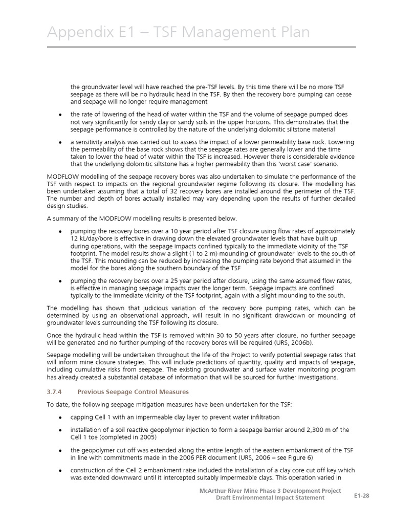 Appendix E1 Tailings Storage Facility TSF Management Plan - 30 | PDF | Soil Mechanics | Groundwater