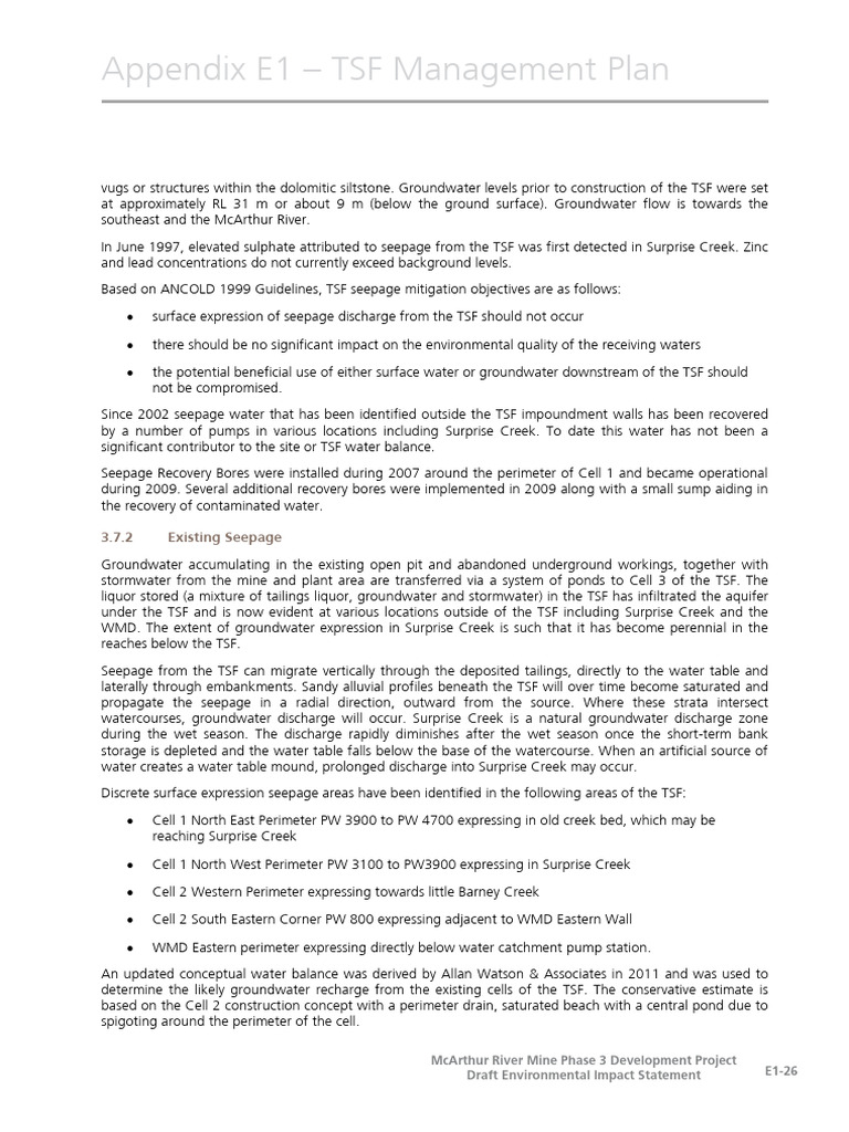 Appendix E1 Tailings Storage Facility TSF Management Plan - 28 | PDF | Groundwater | Stream