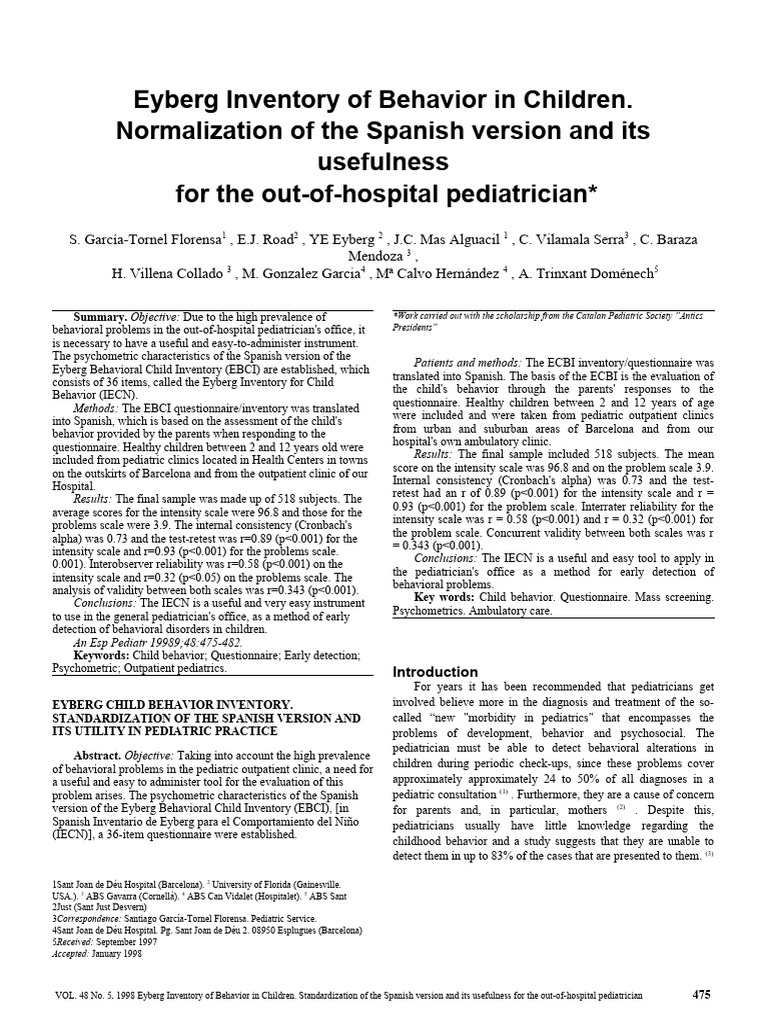 Eyberg Inventory of Behavior in Children | PDF | Pediatrics | Psychometrics
