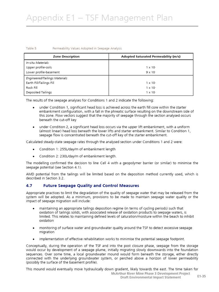 Appendix E1 Tailings Storage Facility TSF Management Plan - 37 | PDF | Soil Mechanics | Groundwater
