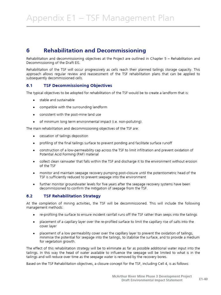 Appendix E1 Tailings Storage Facility TSF Management Plan - 42 | PDF | Water | Environmental ...