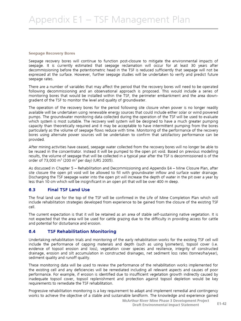 Appendix E1 Tailings Storage Facility TSF Management Plan - 44 | PDF | Groundwater | Soil Mechanics