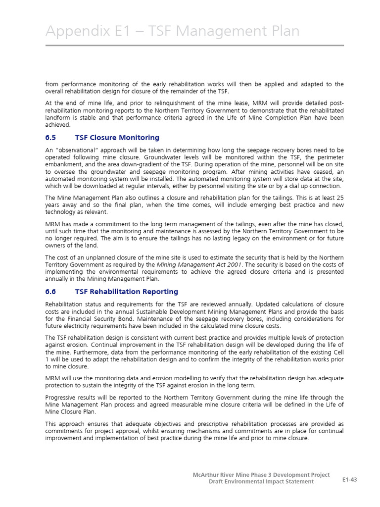 Appendix E1 Tailings Storage Facility TSF Management Plan - 45 | PDF | Mining | Natural Environment