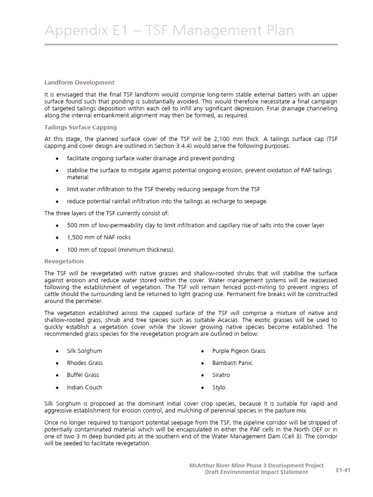 Appendix E1 Tailings Storage Facility TSF Management Plan - 43 | PDF | Soil Science | Agriculture