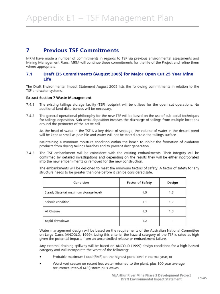Appendix E1 Tailings Storage Facility TSF Management Plan - 47 | Download Free PDF | Mining | Water