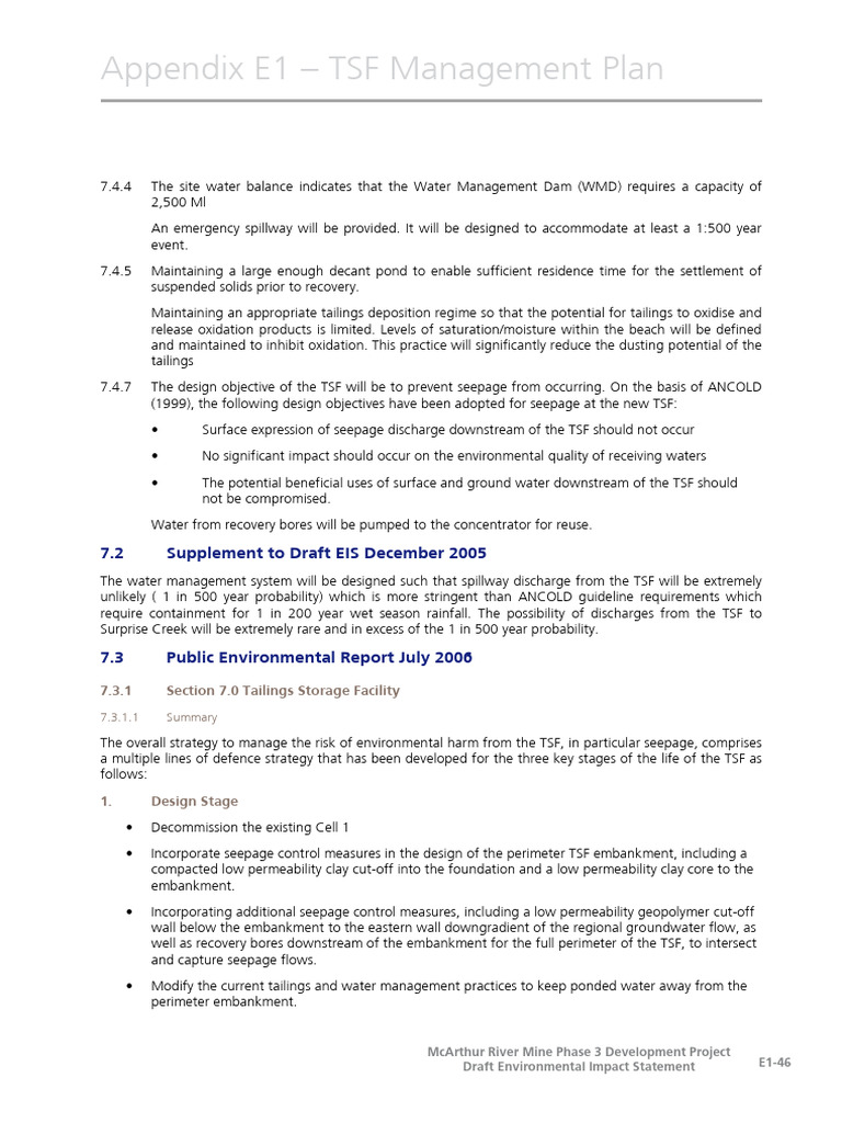Appendix E1 Tailings Storage Facility TSF Management Plan - 48 | PDF | Soil Mechanics | Water